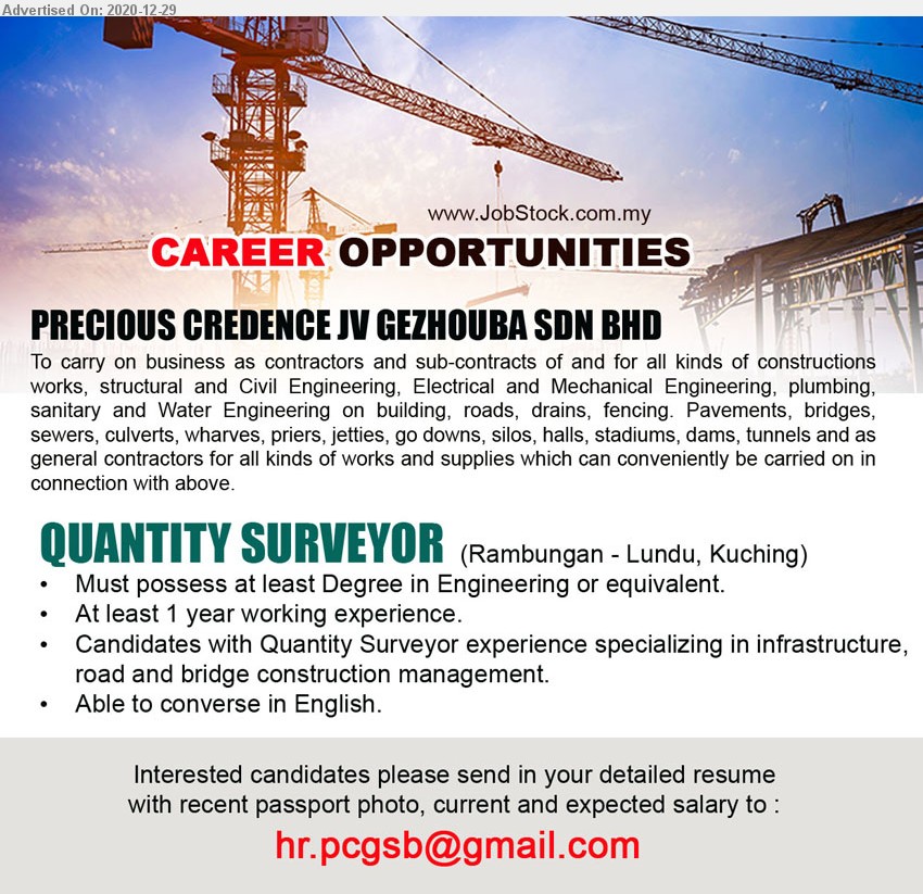 Advertisement Detail - PRECIOUS CREDENCE JV GEZHOUBA SDN BHD