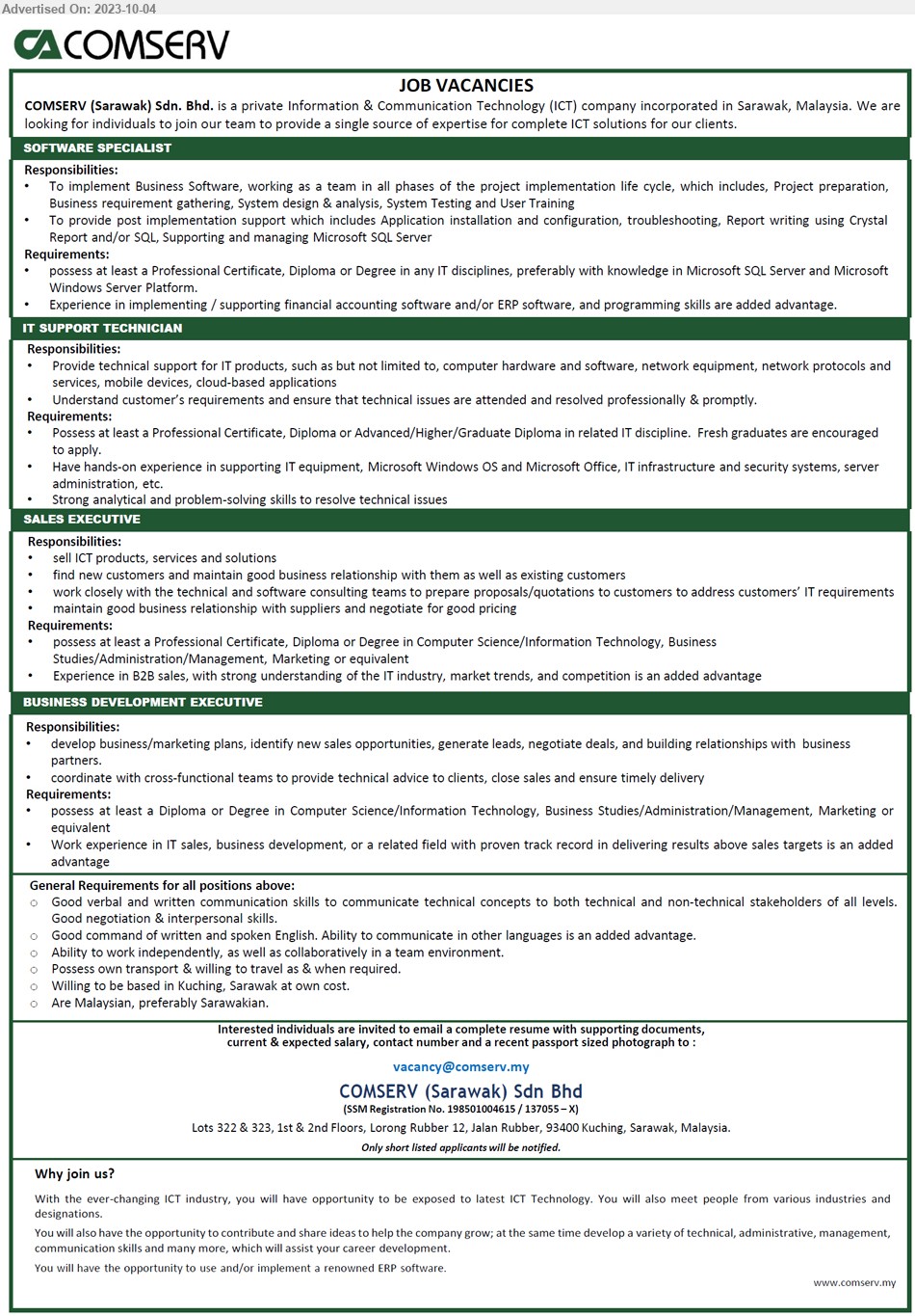 Advertisement Detail - COMSERV (SARAWAK) SDN BHD