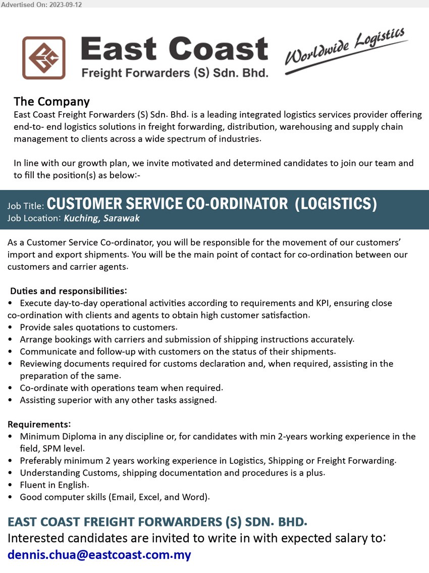 Advertisement Detail - EAST COAST FREIGHT FORWARDERS (S) SDN BHD