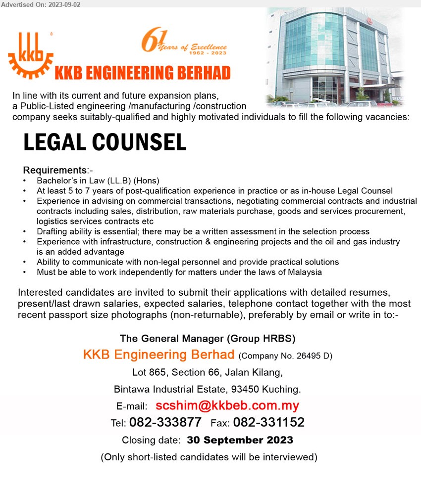 Advertisement Detail - KKB ENGINEERING BERHAD