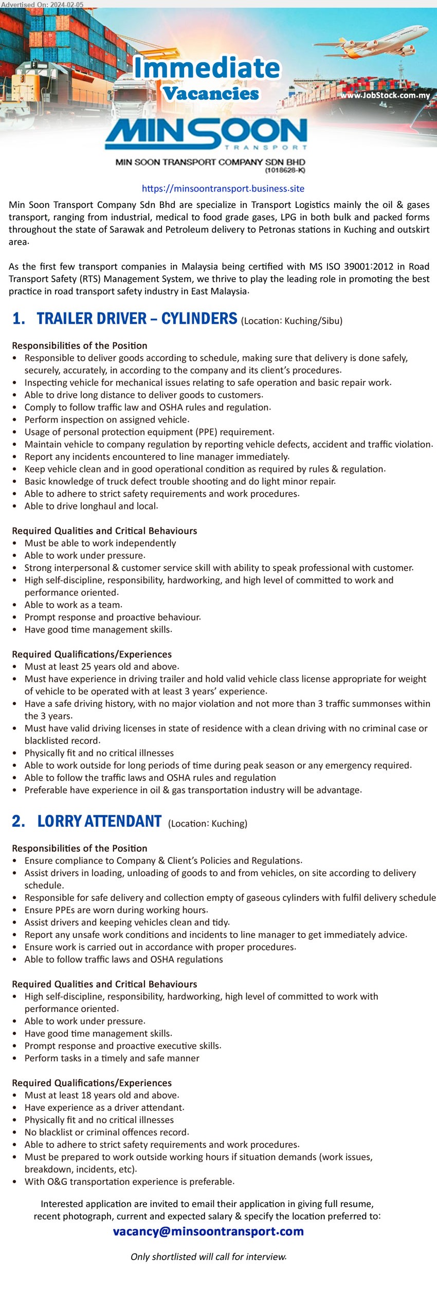 Advertisement Detail - MIN SOON TRANSPORT COMPANY SDN BHD