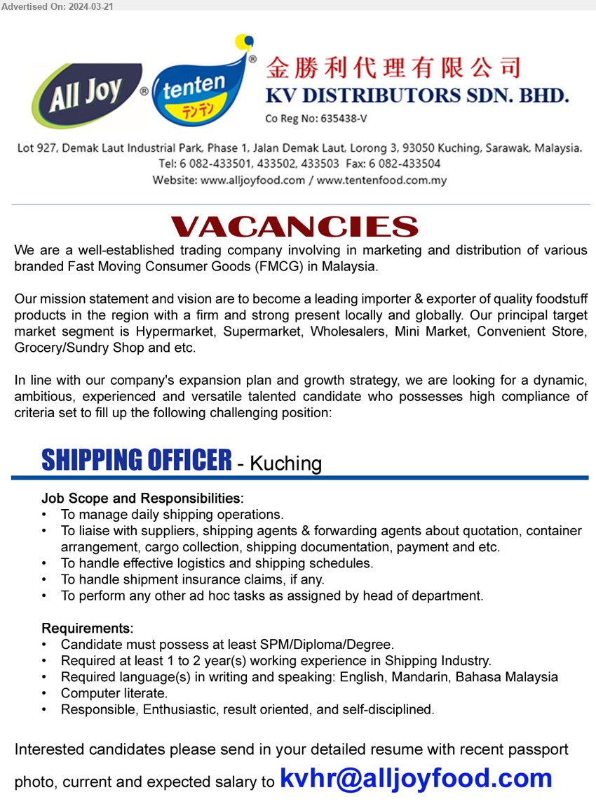 Advertisement Detail - KV DISTRIBUTORS SDN BHD